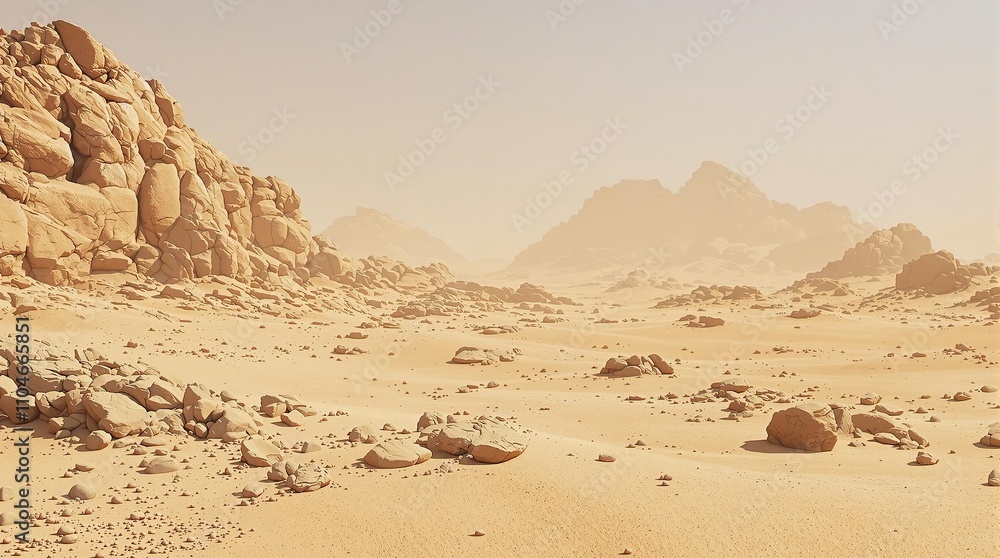 Dusty landscape with scattered grains of sand on a rocky terrain ...