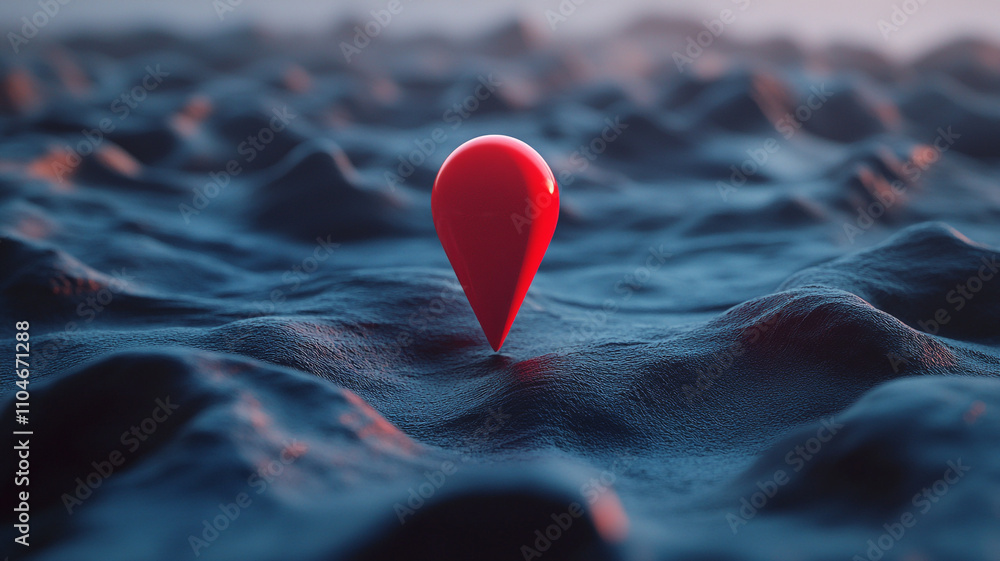Red map pin rests on textured blue surface representing location and ...