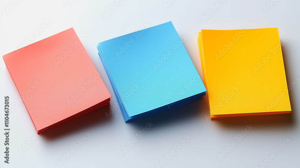 Three colorful sticky notes are arranged in a row on a white surface ...