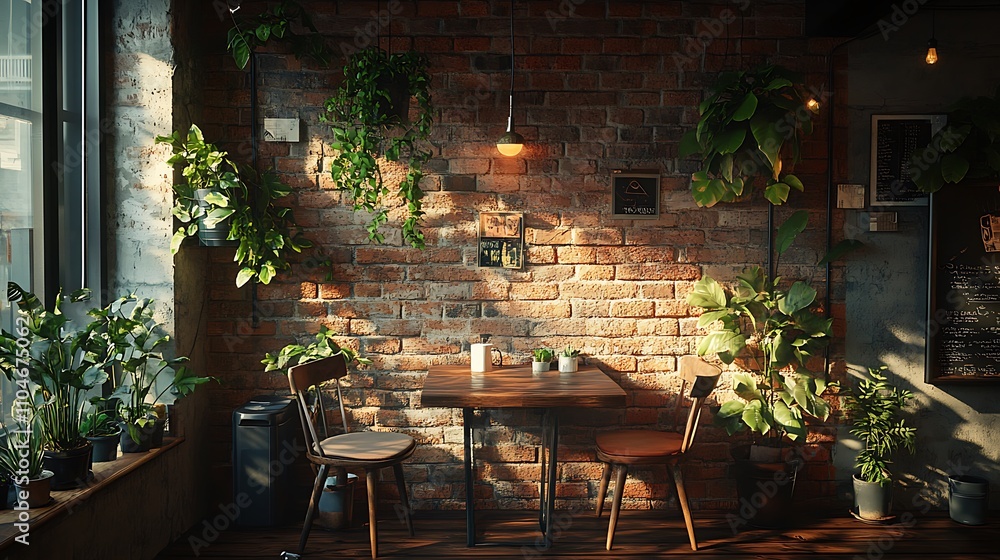 A rustic coffee shop corner, featuring a small wooden table with ...