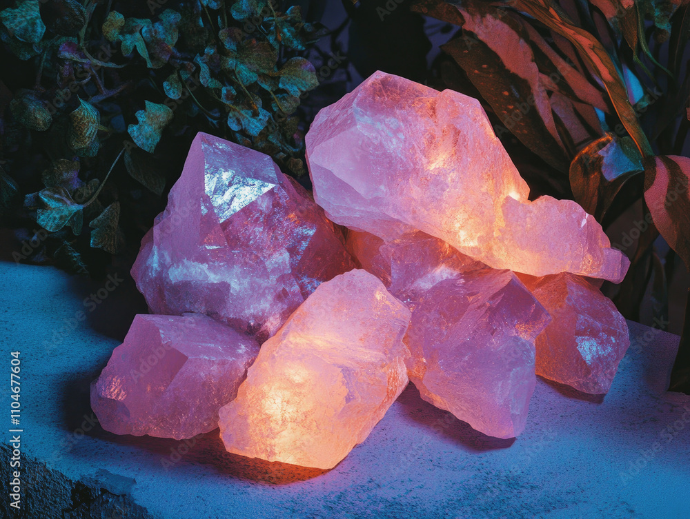Cluster of raw quartz crystals glowing under UV light, showcasing their ...