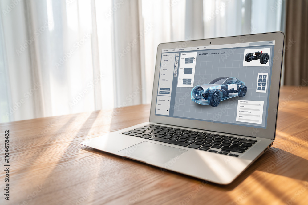 Electric car design software on computer screen showing simulation ...
