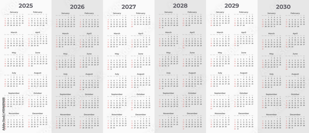 Minimalist Calendar Set for 2025 - 2030 Years. Week starts Sunday ...