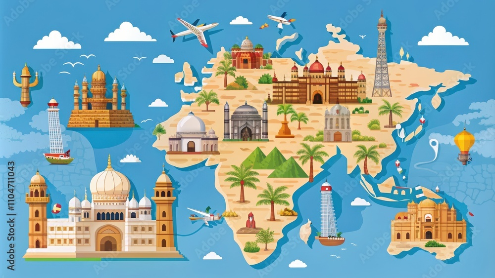 Illustrated map of famous landmarks and travel destinations in India ...