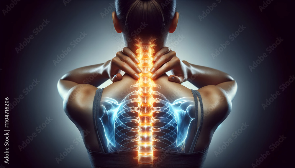 Spinal pain. Man, injury and back pain. Red glow. Mockup and rear view ...