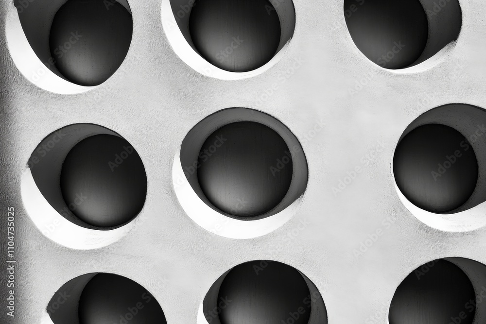 This image displays a series of dark circular voids on a light surface ...