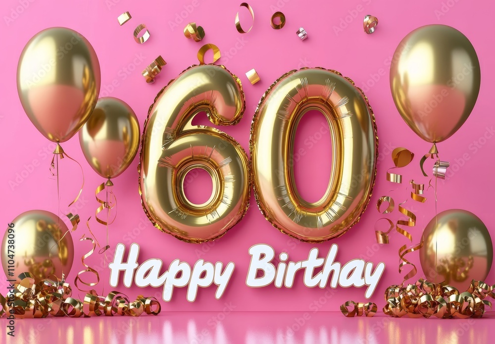 60th Birthday Celebration with Gold Balloons and Pink Background Stock ...