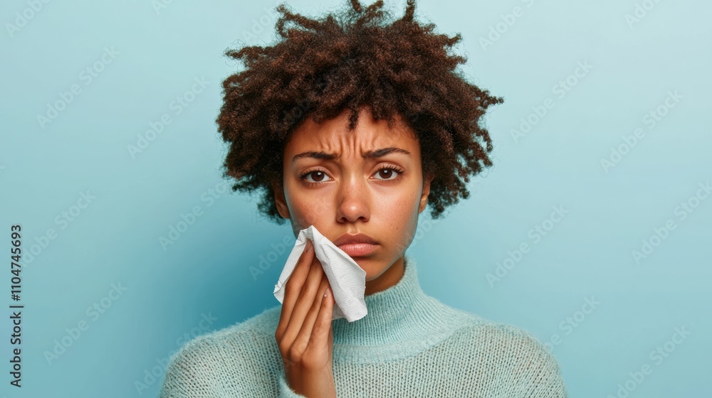 Woman wiping tear-stained face emotional expression in soft lighting ...