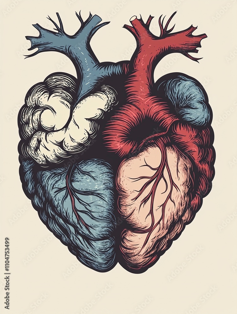 Heart and brain parts hugging each other. Warm embrace between rational ...