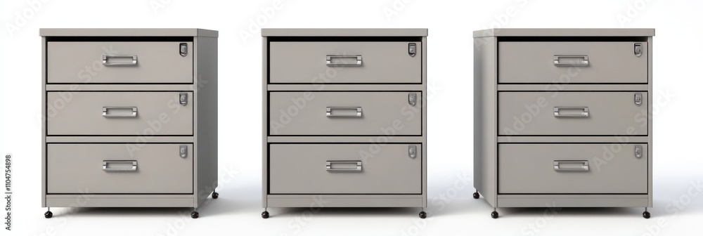 Three grey metal filing cabinets with three drawers each, shown from ...