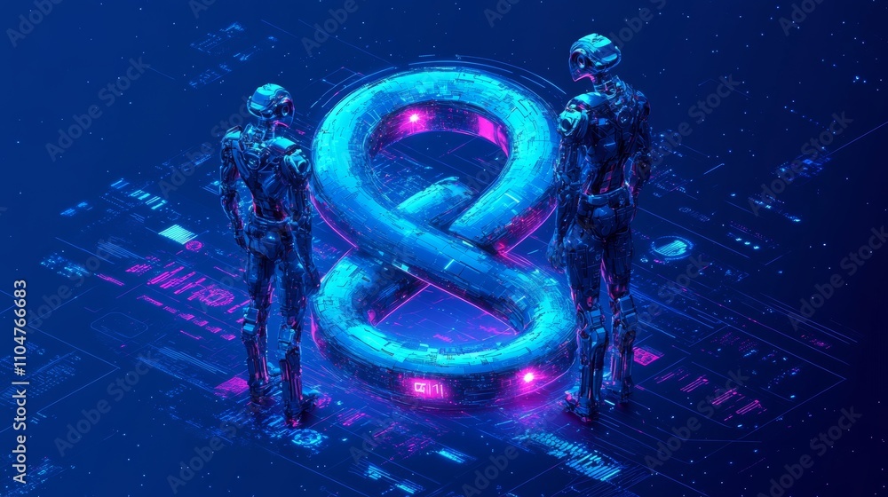 Futuristic Humanoid Robots with Infinity Symbol in Cyberpunk Technology ...