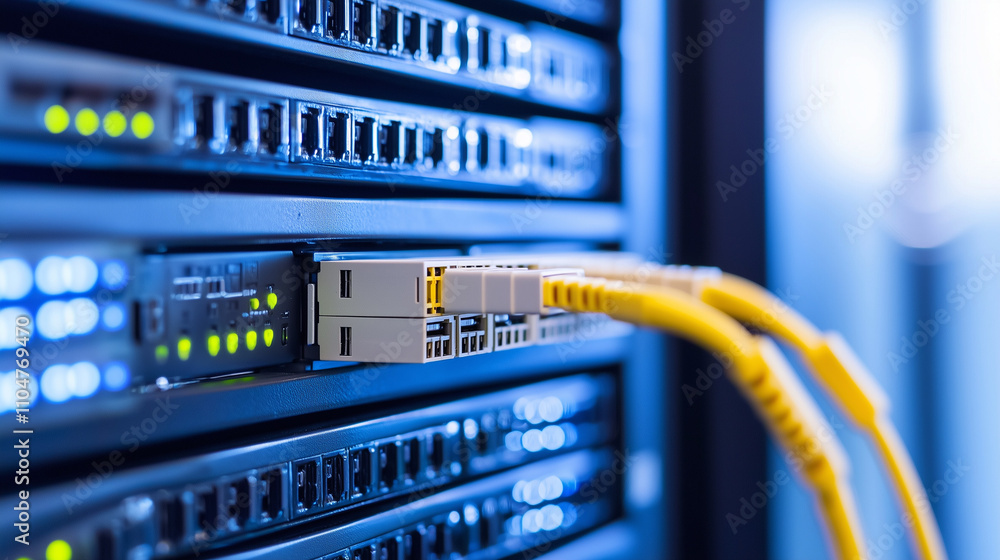 Data Center Connectivity: High-speed fiber optic cables connect to a server rack, showcasing ...