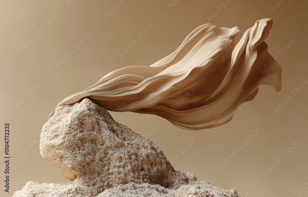 Beige Minimalist Display with Rock and Flowing Fabric for Cosmetic ...