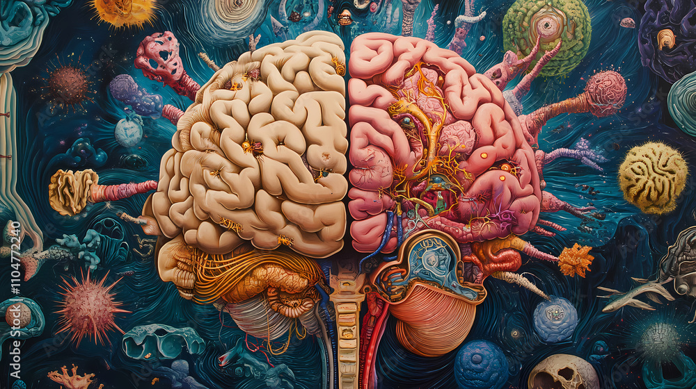 Vibrant, detailed illustration of the human brain with labeled sections ...