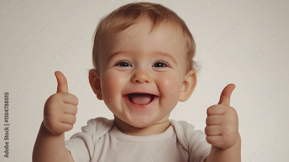 Happy positive little toddler boy with thumbs up smiling, like sign ...