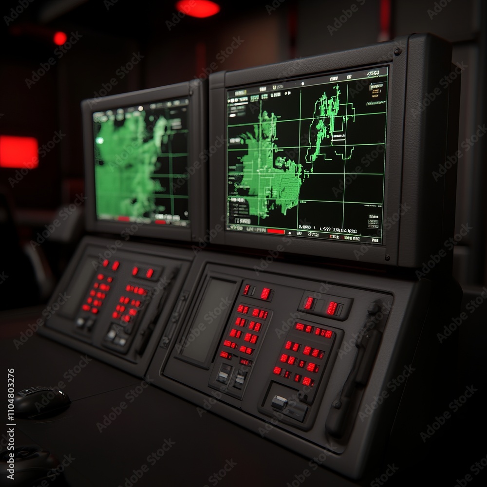 Dual monitors display green radar map data on a dark control panel with ...