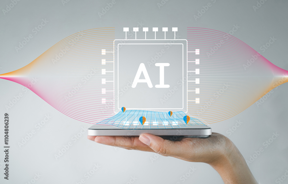 Hand holding smartphone with AI icon and digital connection lines idea ...