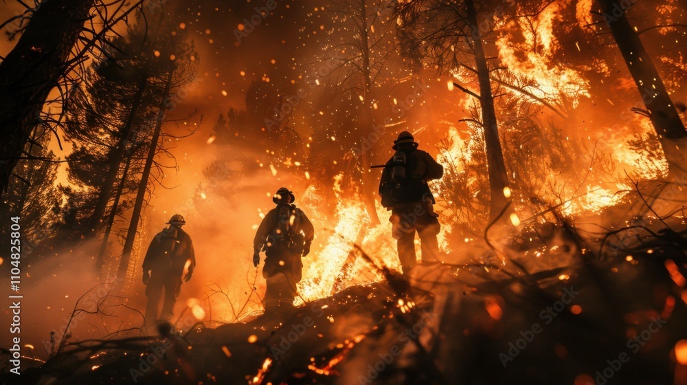 Brave firefighters battling raging forest fire with flames and smoke ...