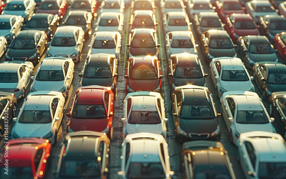 Rows of new cars parked in an urban dealership lot, showcasing modern ...