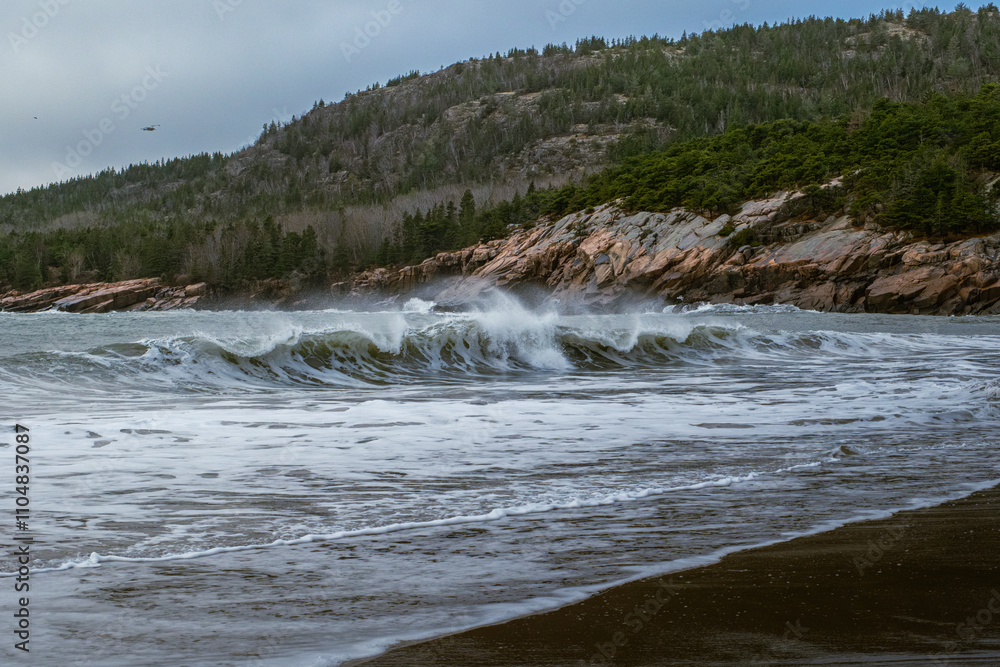 coastal maine on foggy day acadia national park waves crashing on the ...