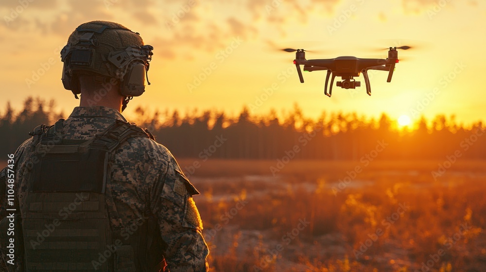 Advanced military drone launching from soldier's hand in a dynamic ...