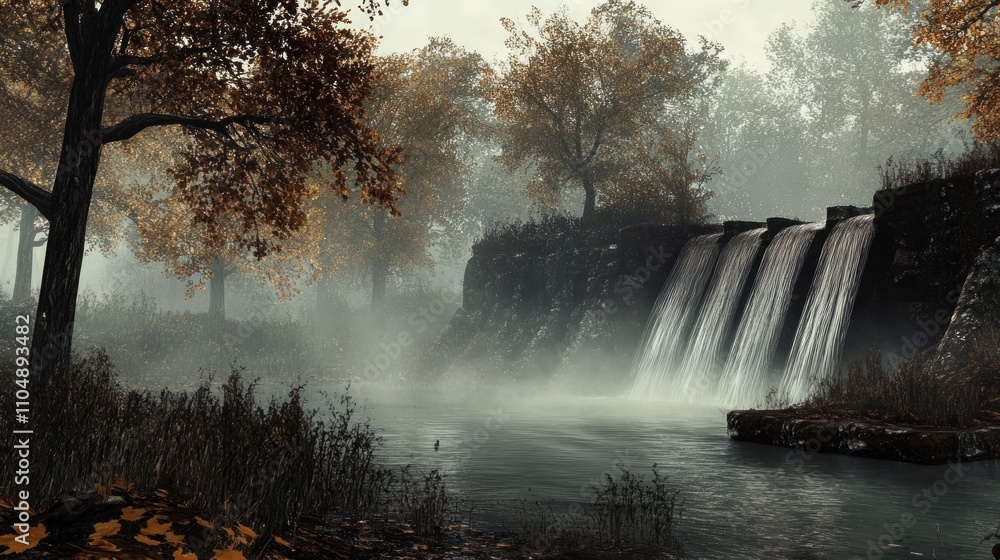 Foggy morning at a waterfall, hazy mist rising from water, trees with ...