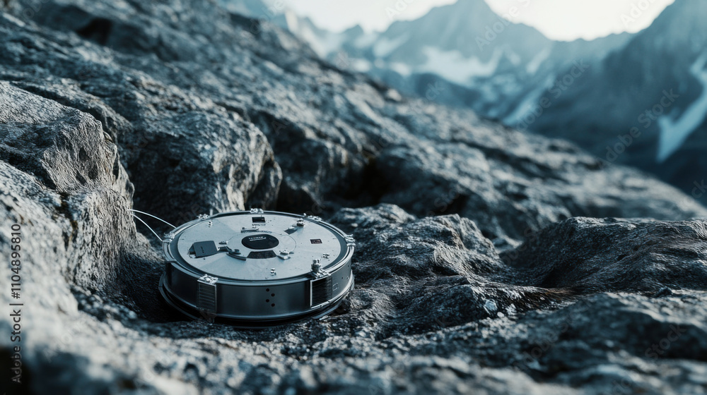 High tech seismometer embedded in rocky crevice, capturing seismic data ...