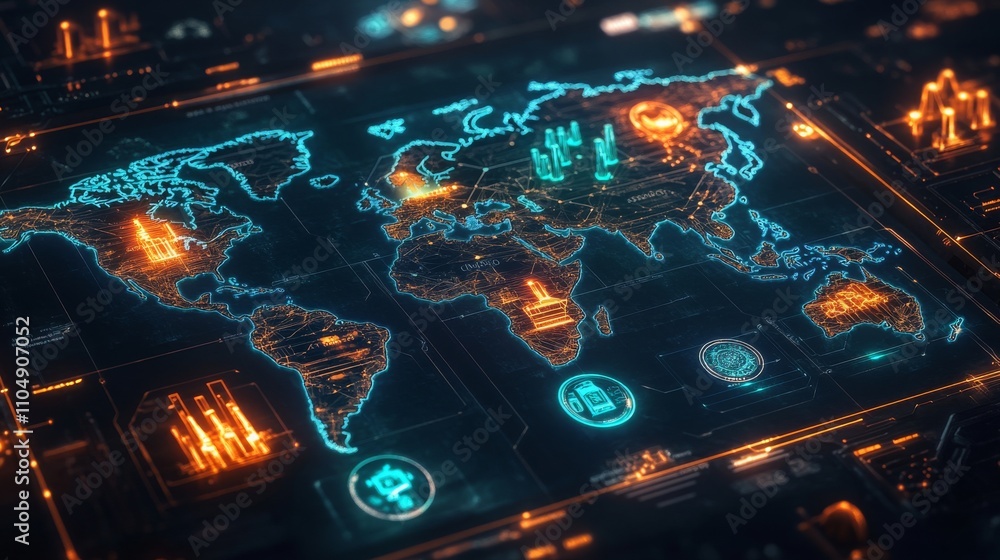 world map with glowing connections, overlaid with icons of raw ...