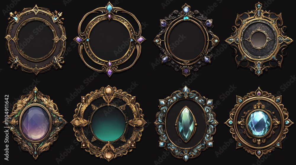 Silver fantasy medieval royal frame with gem stones for game ui design ...