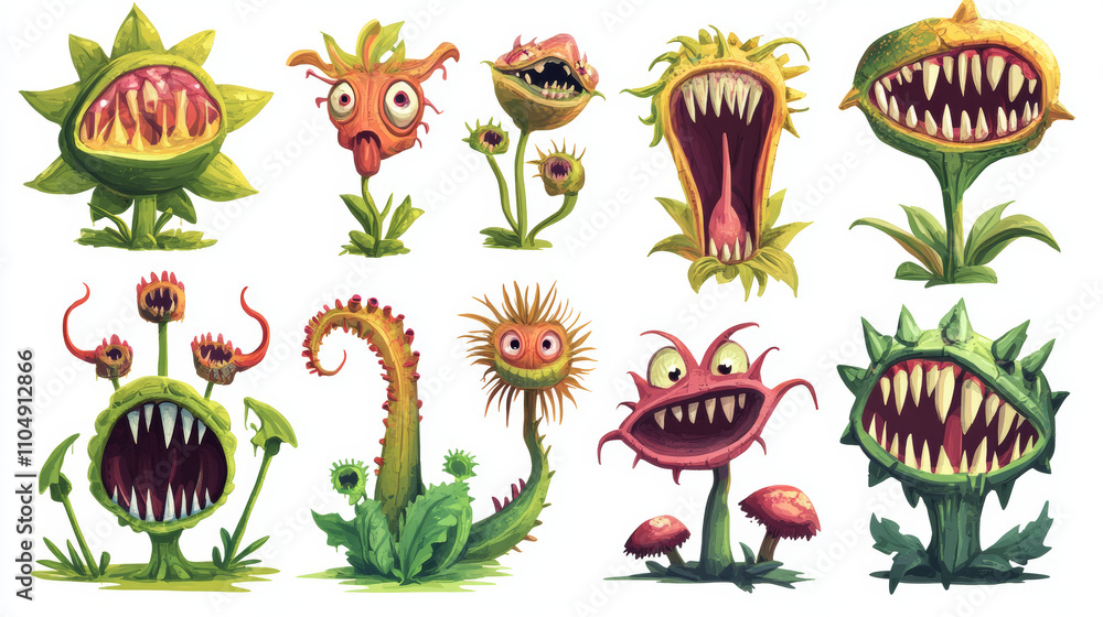 Ilustración de Stock Scary monster plants and flowers with creepy faces ...