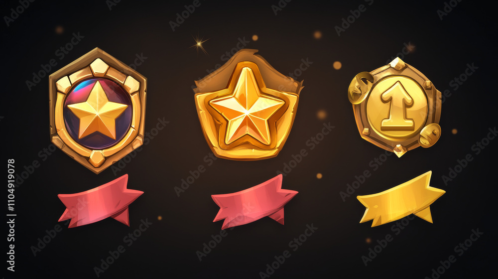 Gold achievement, level up and rank badge for game ui design. Cartoon ...