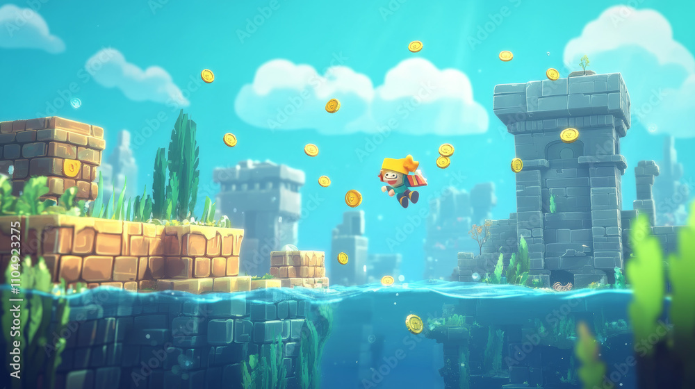 Arcade game ui level design with jump and run floating platform with ...