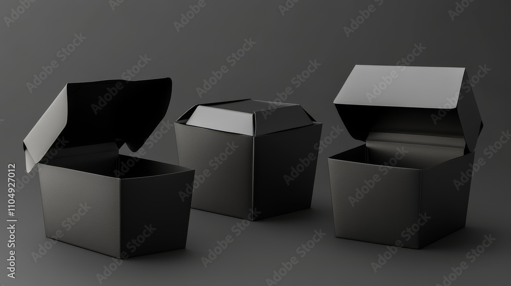 Black paper noodle take away box - realistic 3d vector illustration set ...