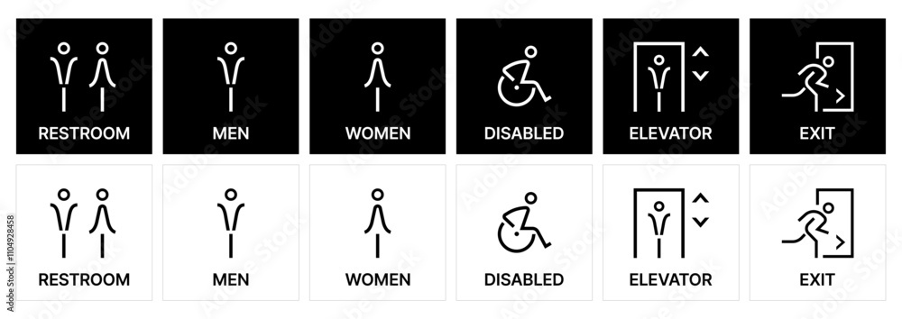 Universal Public Signage Icons for Restrooms, Accessibility, Elevators ...