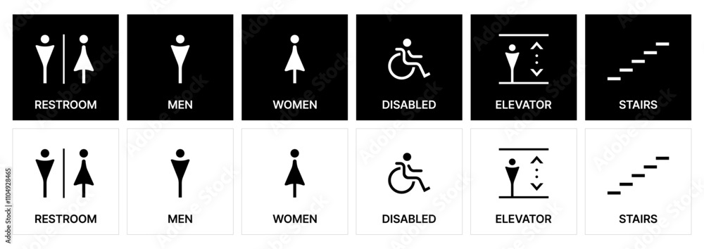 Universal Public Signage Icons for Restrooms, Accessibility, Elevators ...