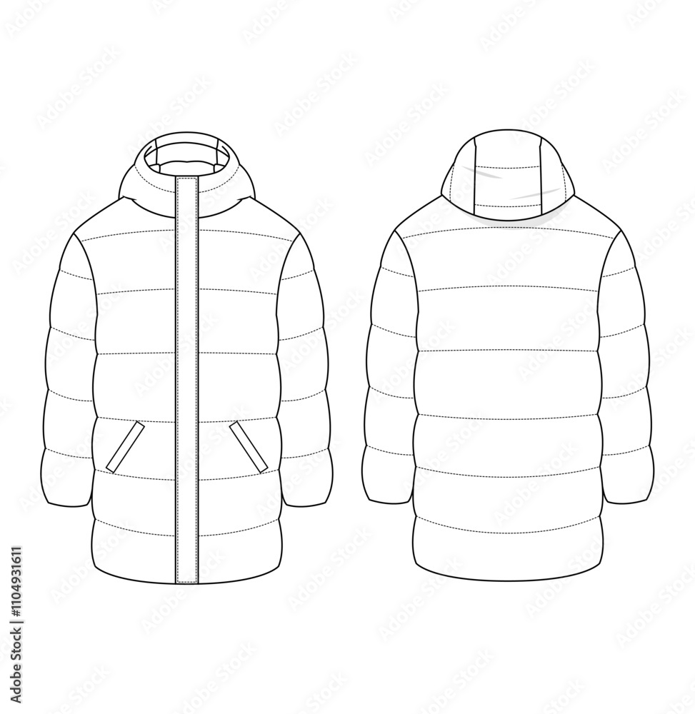 Line drawing of a puffer jacket with a zipper, showcasing front and ...