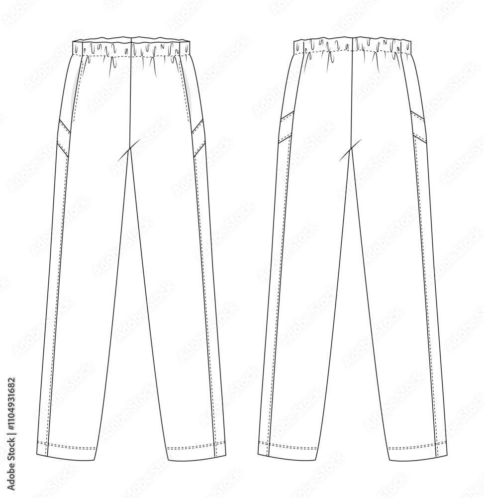 Technical drawing of sweatpants with side pockets and elastic waist ...
