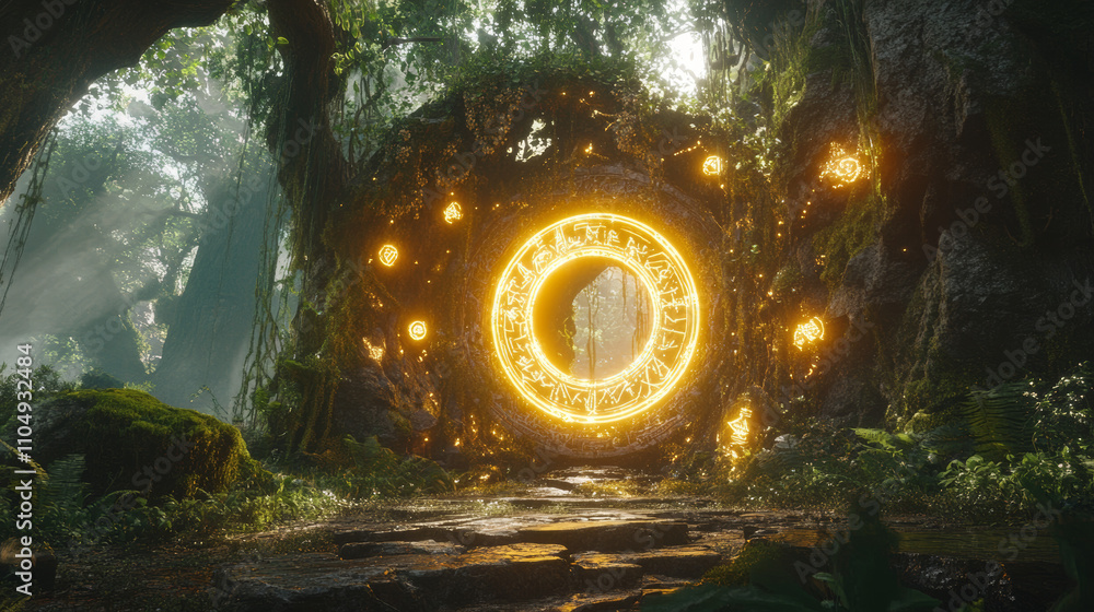 Round stone magic portal or battle arena with neon glowing runes and ...