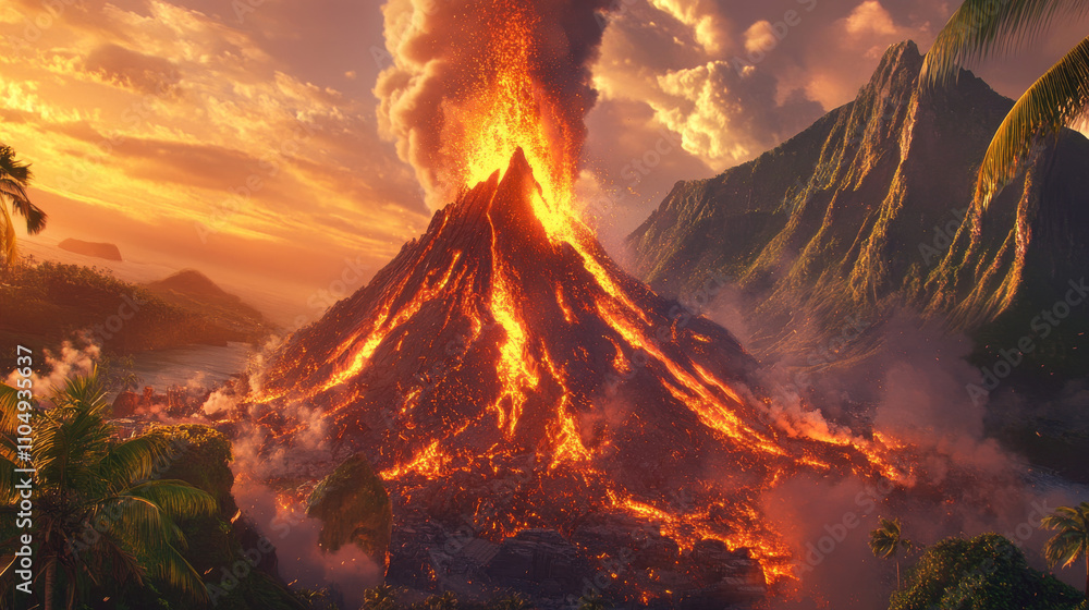 Volcano lava eruption. Vulcano mountain with smoke and fire. Active ...