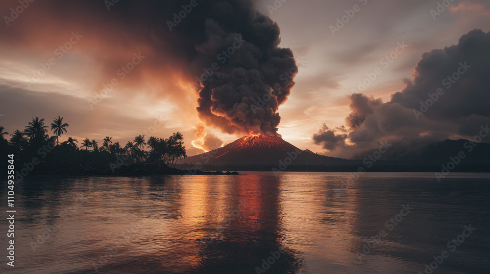 Volcano lava eruption. Vulcano mountain with smoke and fire. Active ...