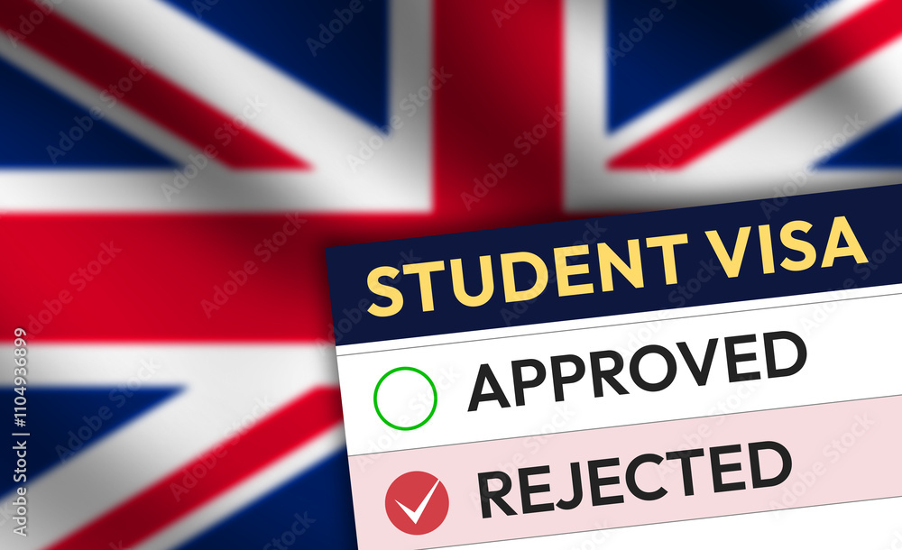 Student visa of UK rejected concept design with waving flag in the ...
