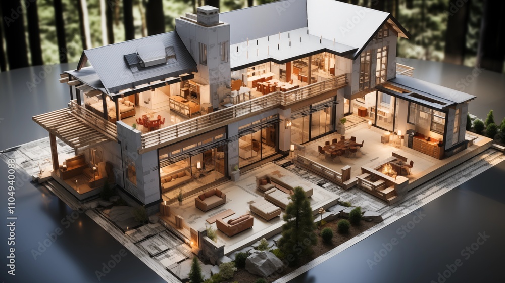 3D model and blueprint of a house showing interior design. Stock Photo ...