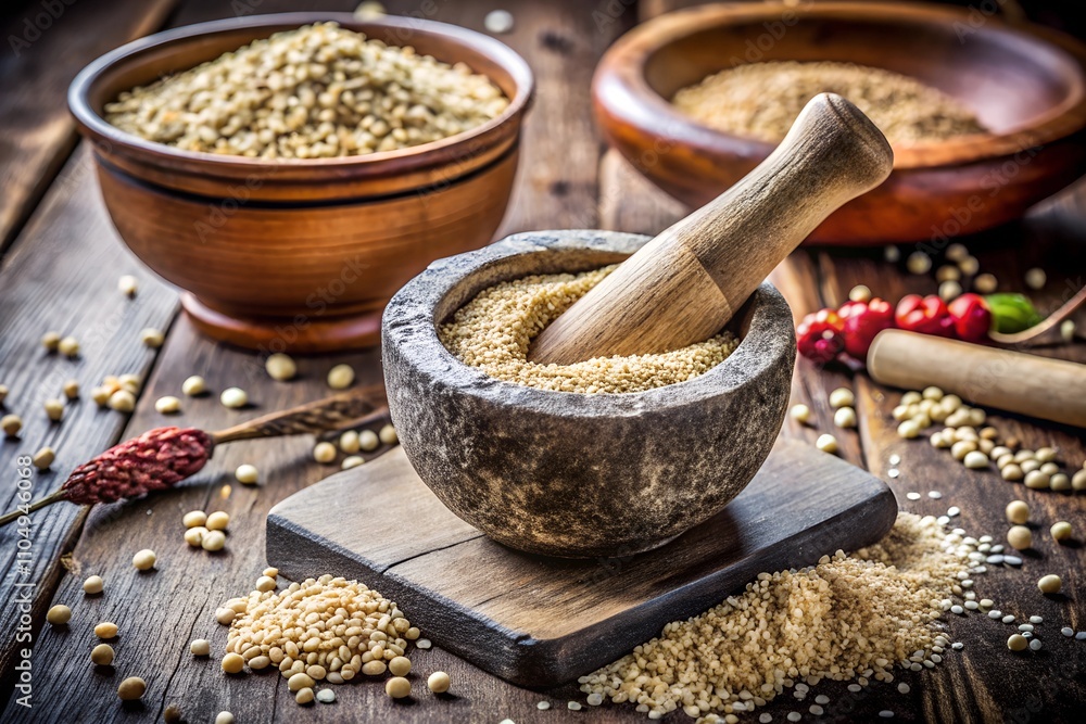 Sesame seeds on traditional stone mortar, hand grinding, rustic kitchen ...