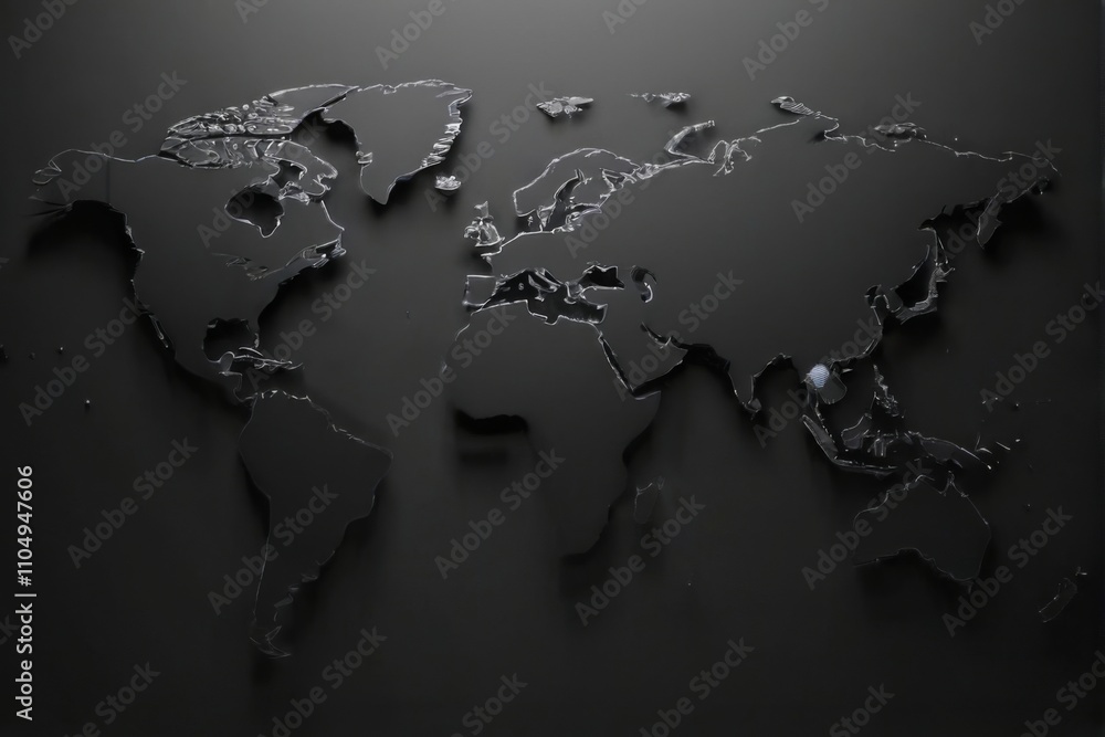 Black world map on black background featuring continents outlined in ...