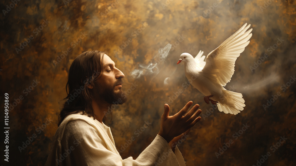 Jesus Christ and white dove as a symbol of the Holy Spirit. Stock Photo ...