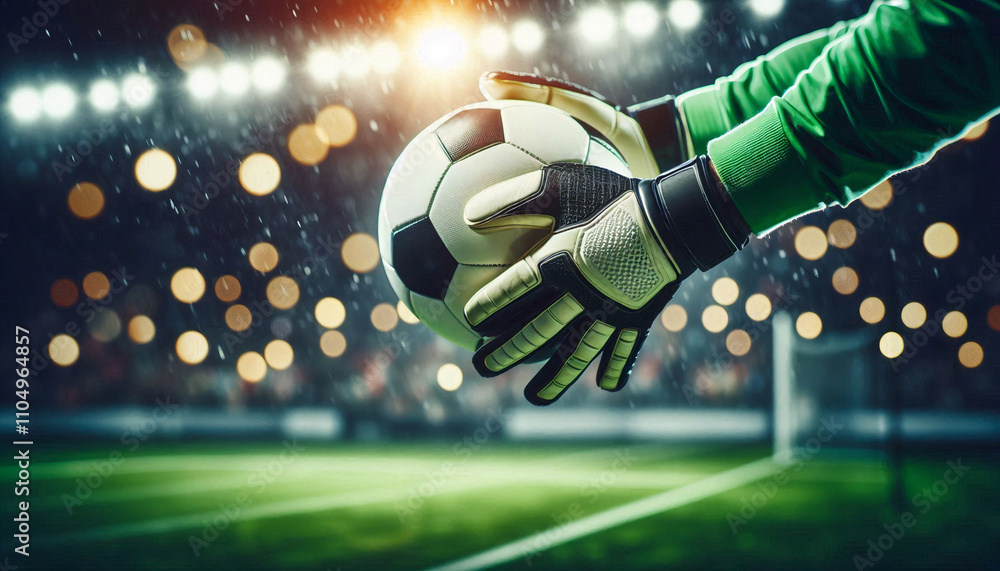 Goalkeeper catching a soccer ball under stadium lights in the rain ...