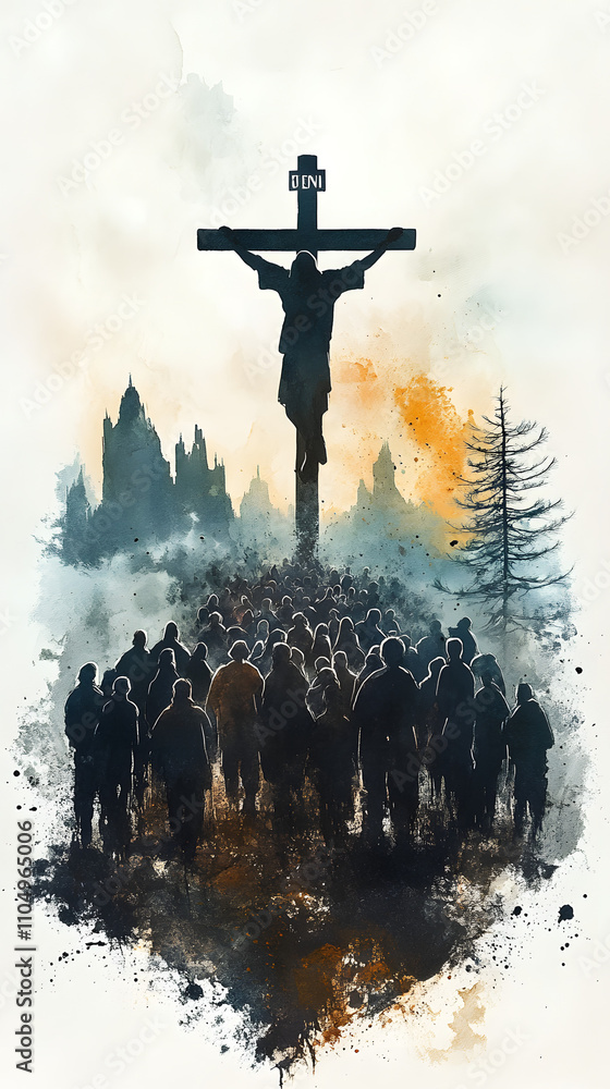 Watercolor silhouette of Jesus on the cross with people praying in ...