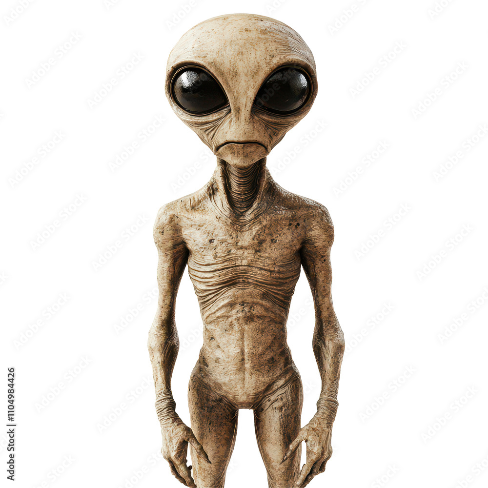 An extraterrestrial alien standing alone against a clean transparent ...