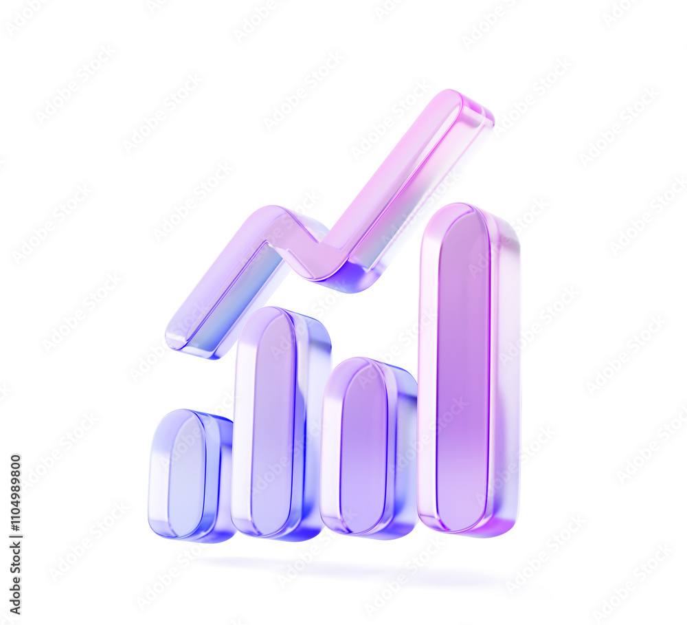 3d glass holographic bar chart, graph or diagram render icon. Rainbow ...