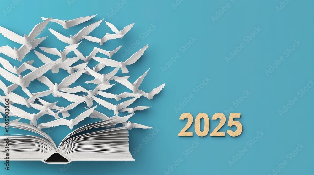 2025 goal setting vision. Open book with flying paper birds and 2025 ...
